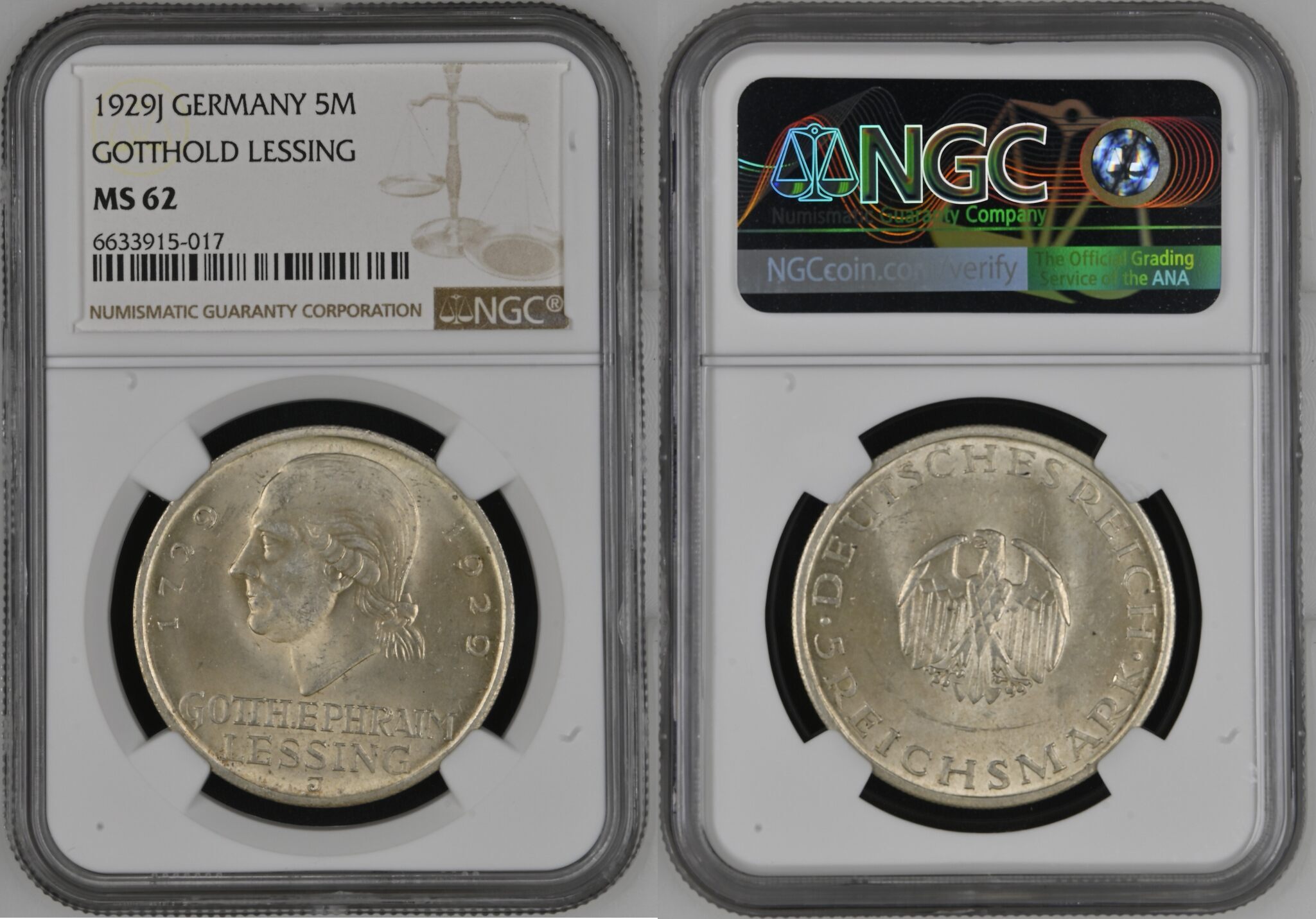 GERMANY 1929J 5 Mark Lessing NGC MS 62 | MA-Shops