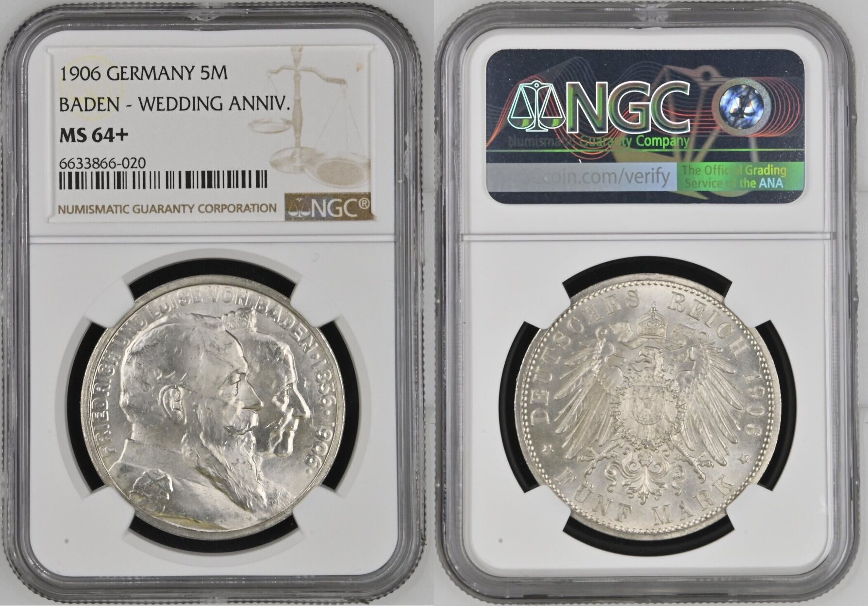 GERMANY 5 Mark Baden 1906 goldene Hochzeit Jaeger 35 NGC MS 64+ | MA-Shops