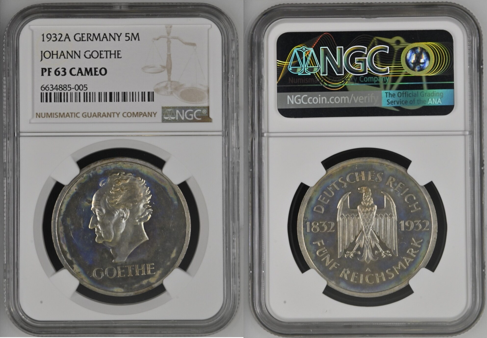 GERMANY 1932A 5 Mark Goethe NGC PF 63 CAMEO | MA-Shops