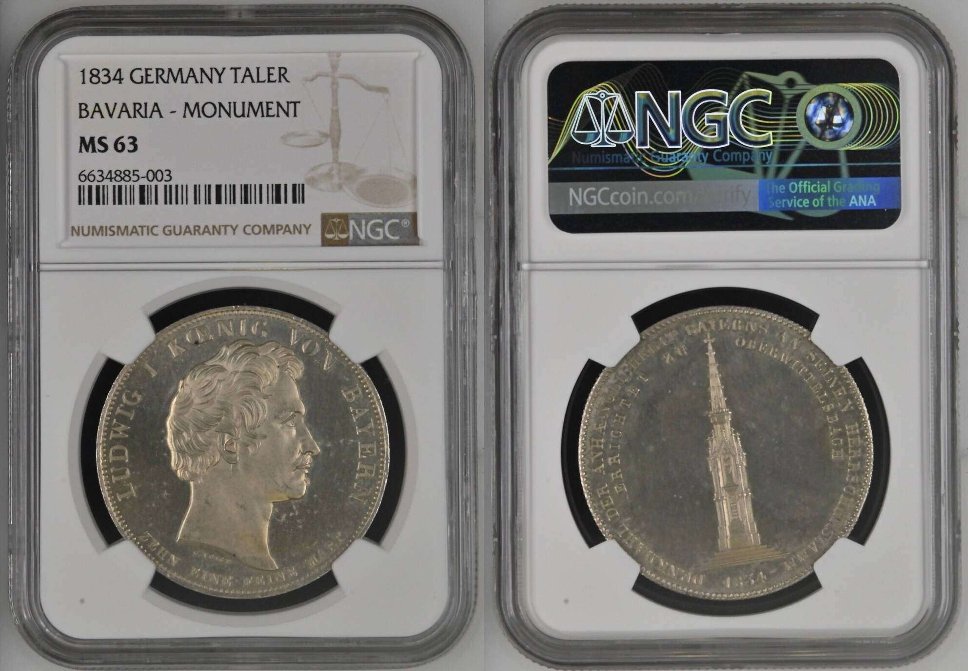 GERMANY 1834 Bayern Taler Ludwig I Denkmal bei Oberwittelsbach AKS 131 ...