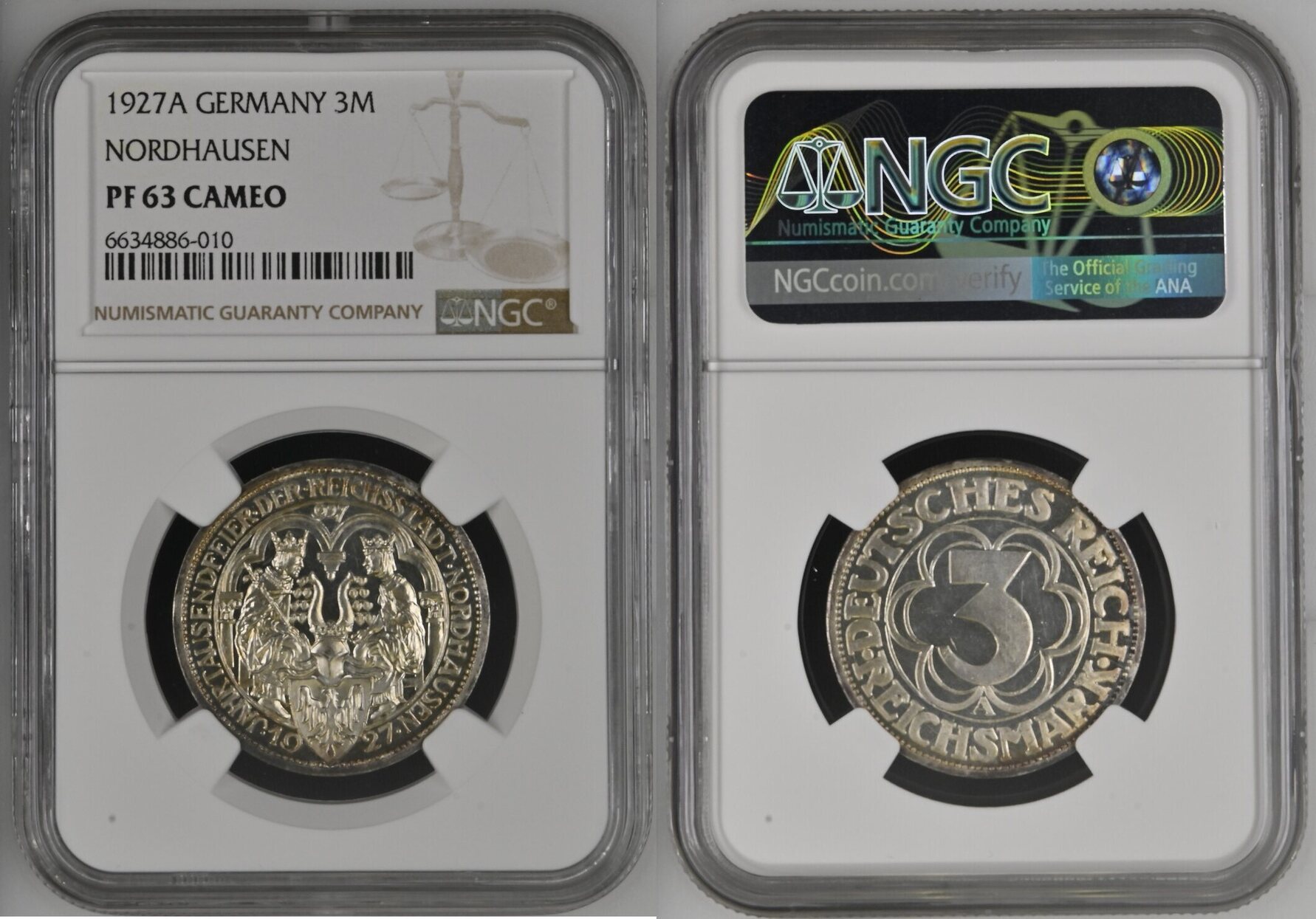 GERMANY 1927A 3 Mark Nordhausen NGC PF 63 CAMEO | MA-Shops