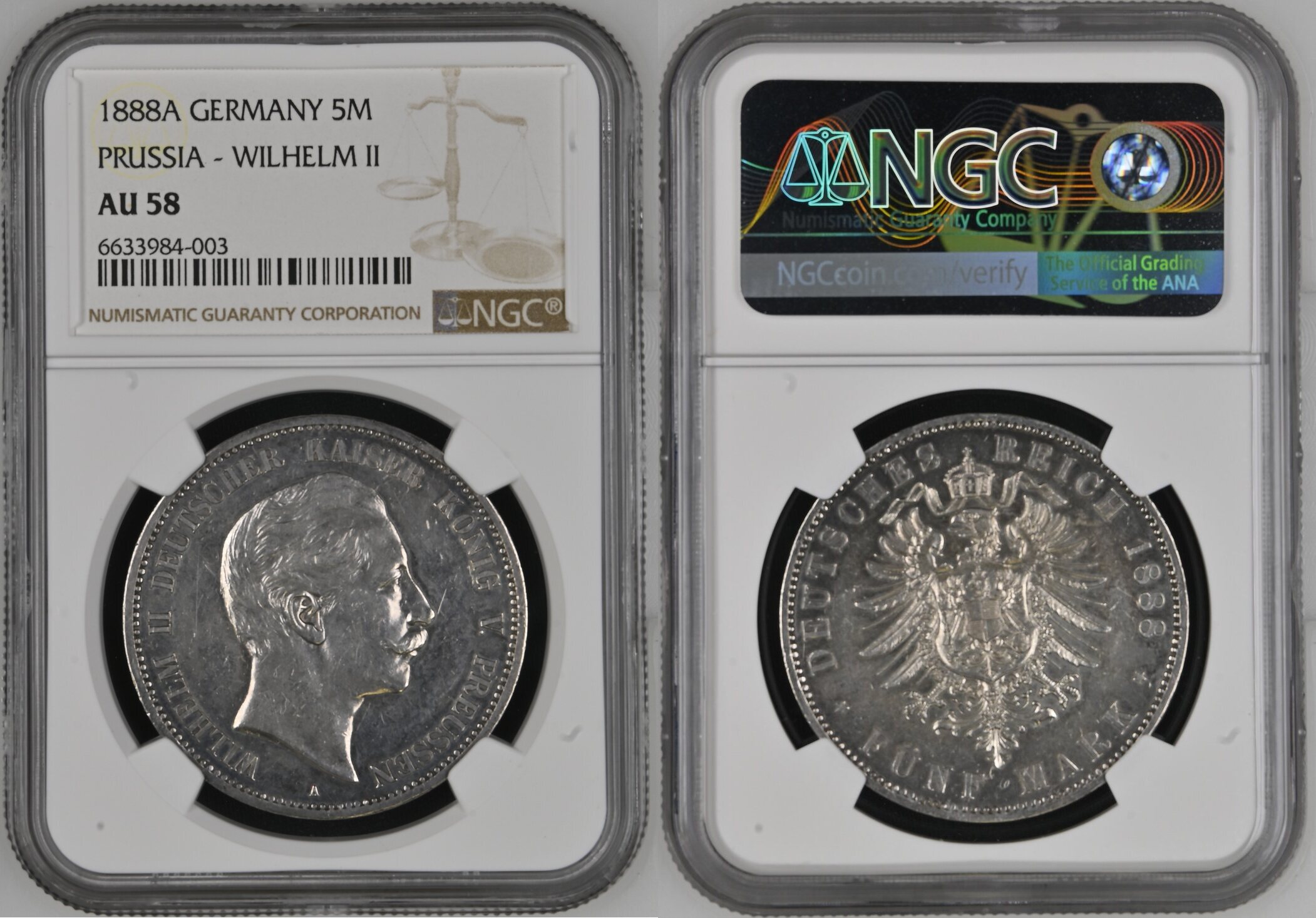 GERMANY 1888A 5 Mark Wilhelm II von Preussen NGC AU 58 | MA-Shops