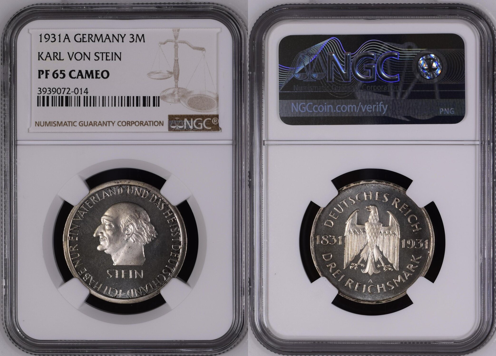 GERMANY 1931A 3 Mark Stein NGC PF 65 CAMEO | MA-Shops