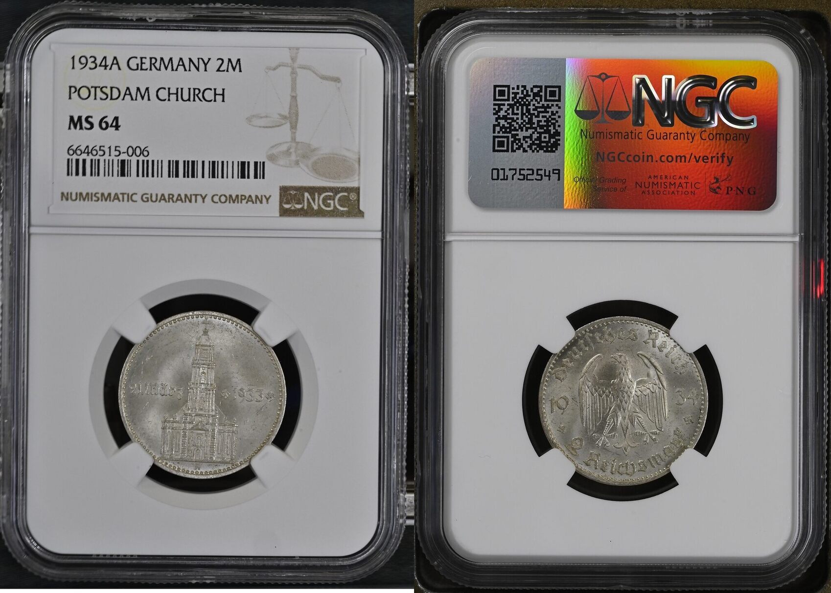 GERMANY 1934A 2 Mark Garnisionskirche mit Datum NGC MS 64 nahezu ...