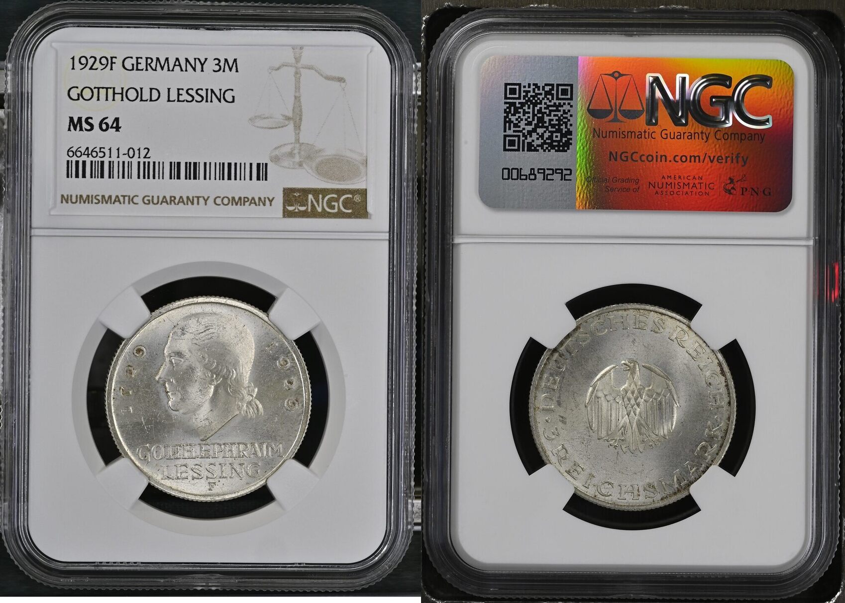GERMANY 1929F 3 Mark Lessing NGC MS 64 | MA-Shops