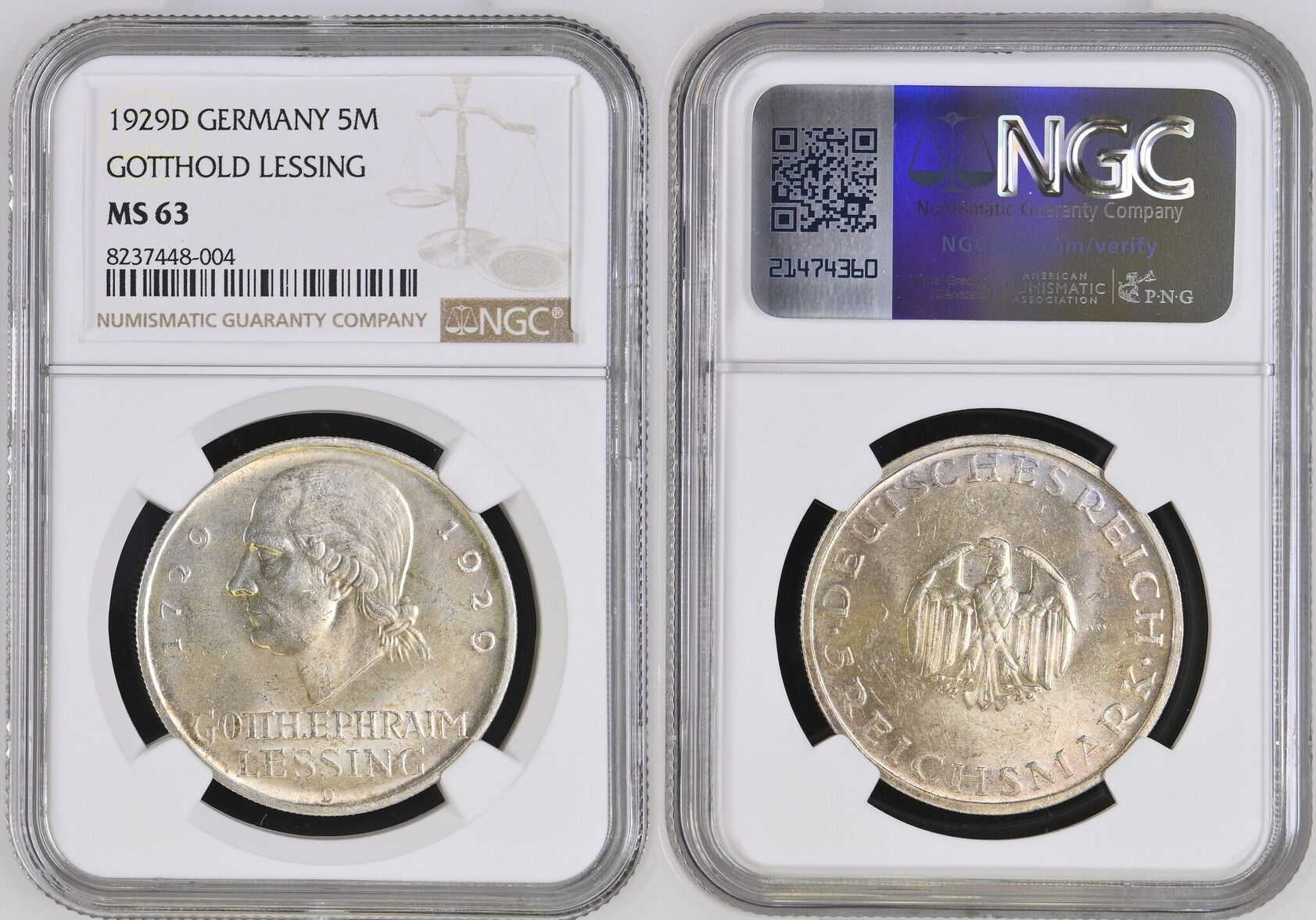 GERMANY 1929D 5 Mark Lessing NGC MS 63 | MA-Shops