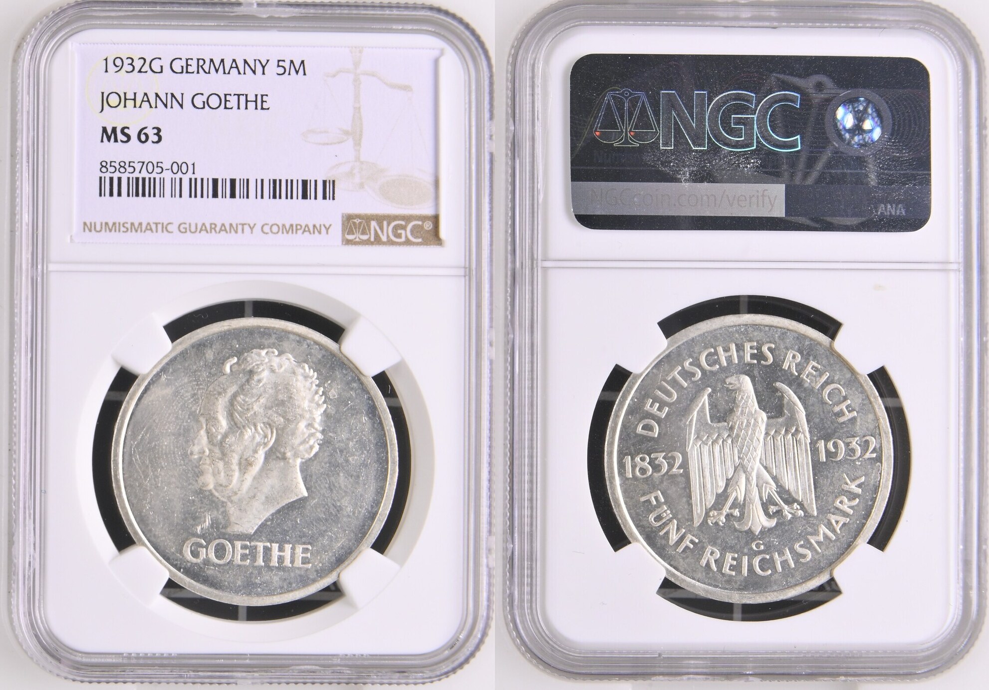 GERMANY 1932G 5 Mark Goethe NGC MS 63 fast prägefrisch min Kontakte ...