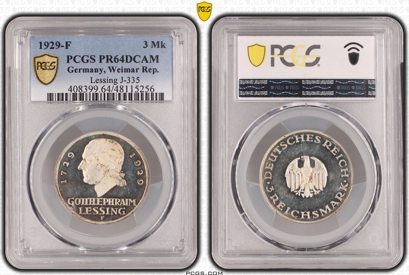 Germany, Weimar Rep. 3 Mk 1929 F 3 Mark Lessing J-335, DCAM PR64DCAM ...