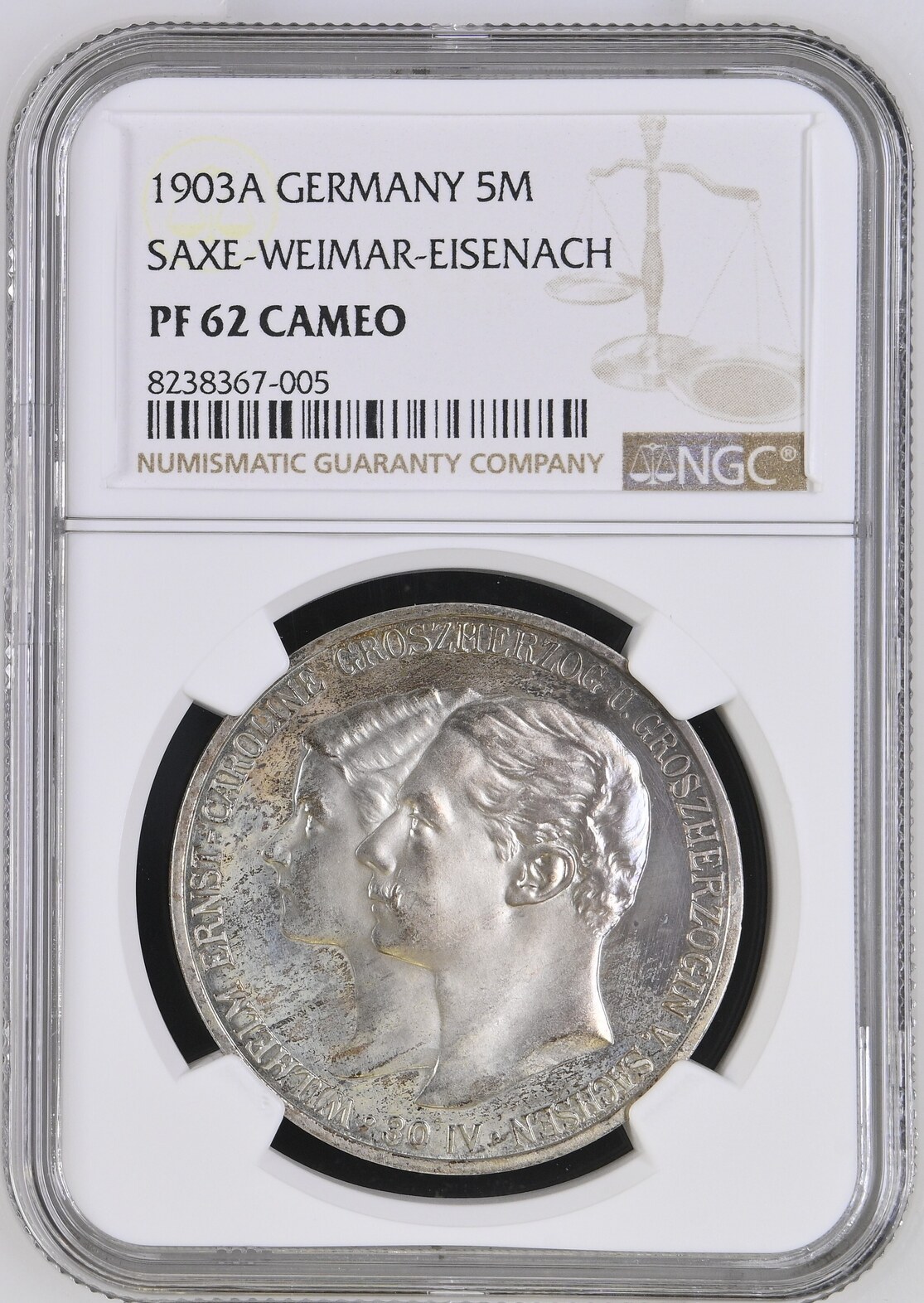 GERMANY 1903A 5 Mark Sachsen Weimar Eisenach 1903 Jaeger 159 NGC PF 62 CAMEO | MA-Shops
