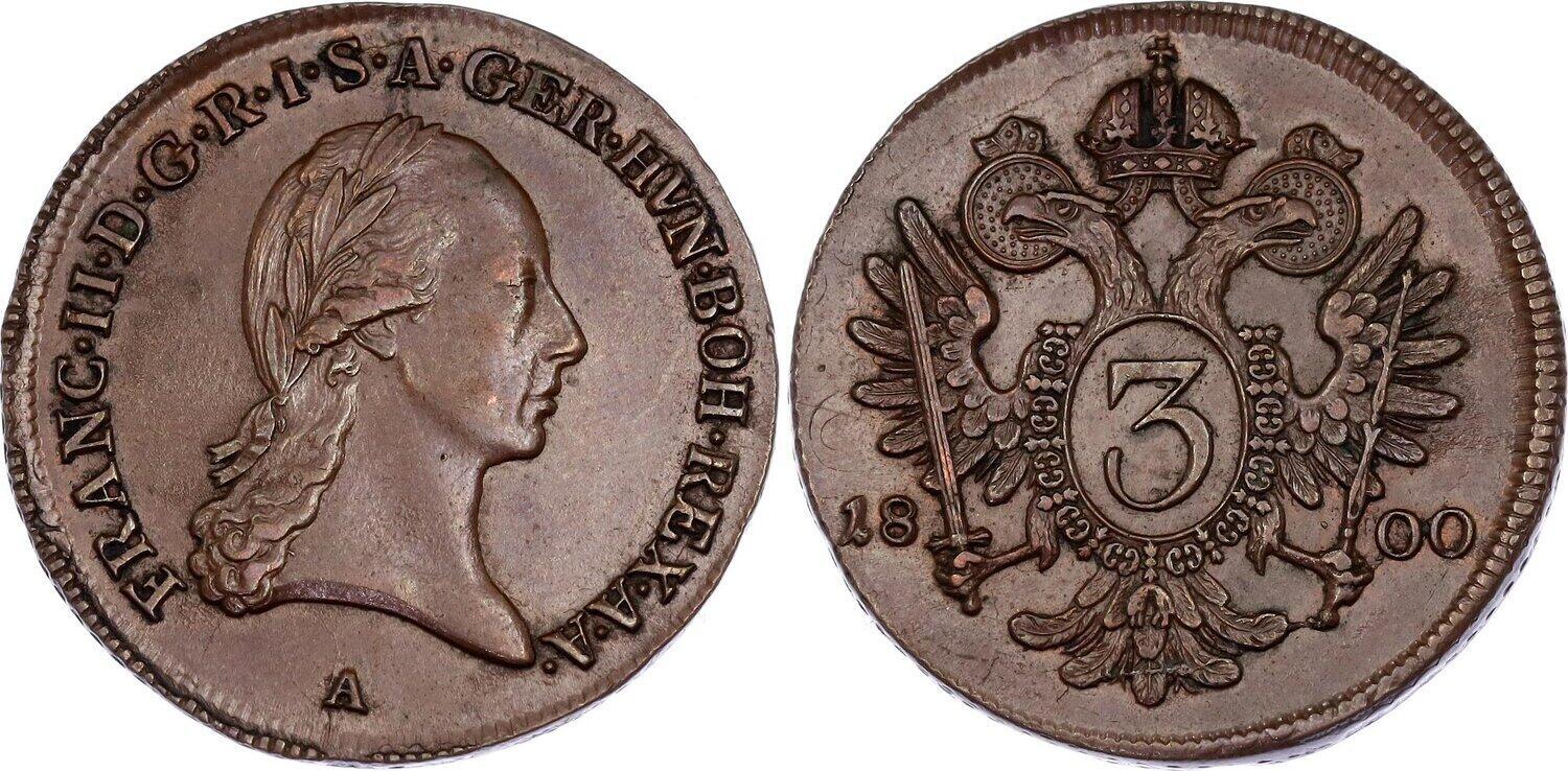 3 Kreuzer 1800 Franz II.(I.) 1792-1835 Haus Habsburg Österreich, ERHALTUNG!!! vz-st | MA-Shops