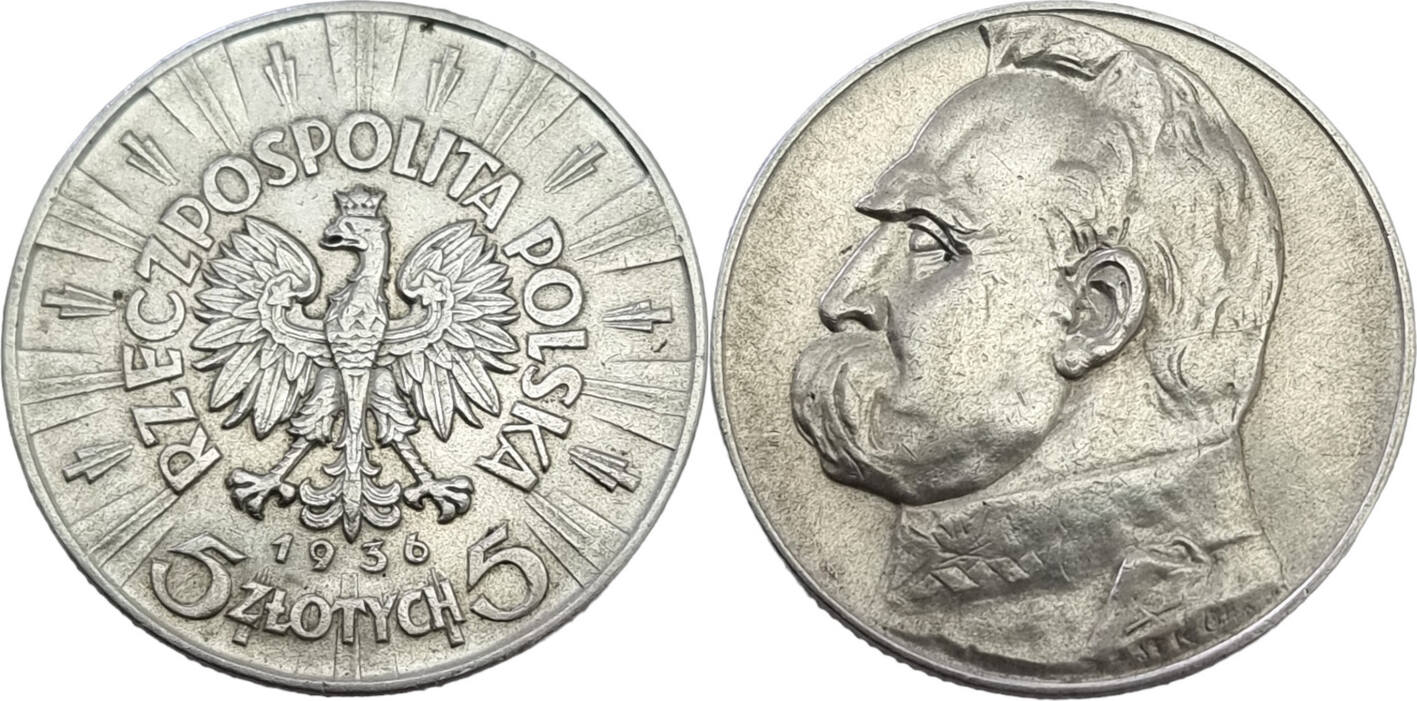 Polen 5 Zlotych 1936 Zweite Republik (1919 - 1939) Jozef Pilsudzki; gekrönter Adler ss-vz | MA-Shops