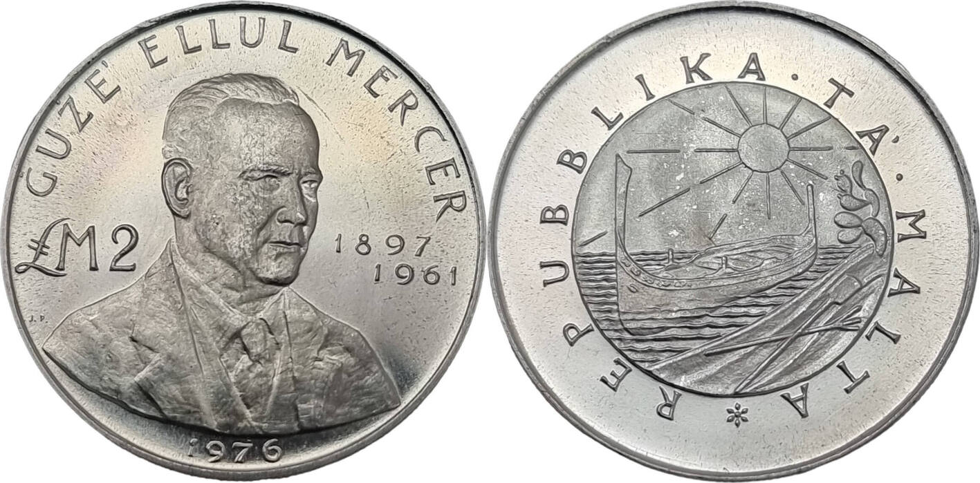 Malta 2 Lira (Malta Pound) 1976 15. Todestag von Guze Ellul Mercer vz ...