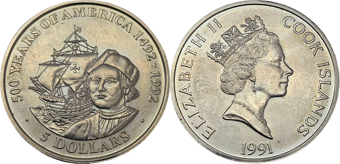 Cook Islands 5 Dollar 1991 500-jähriges Jubiläum - die Entdeckung ...