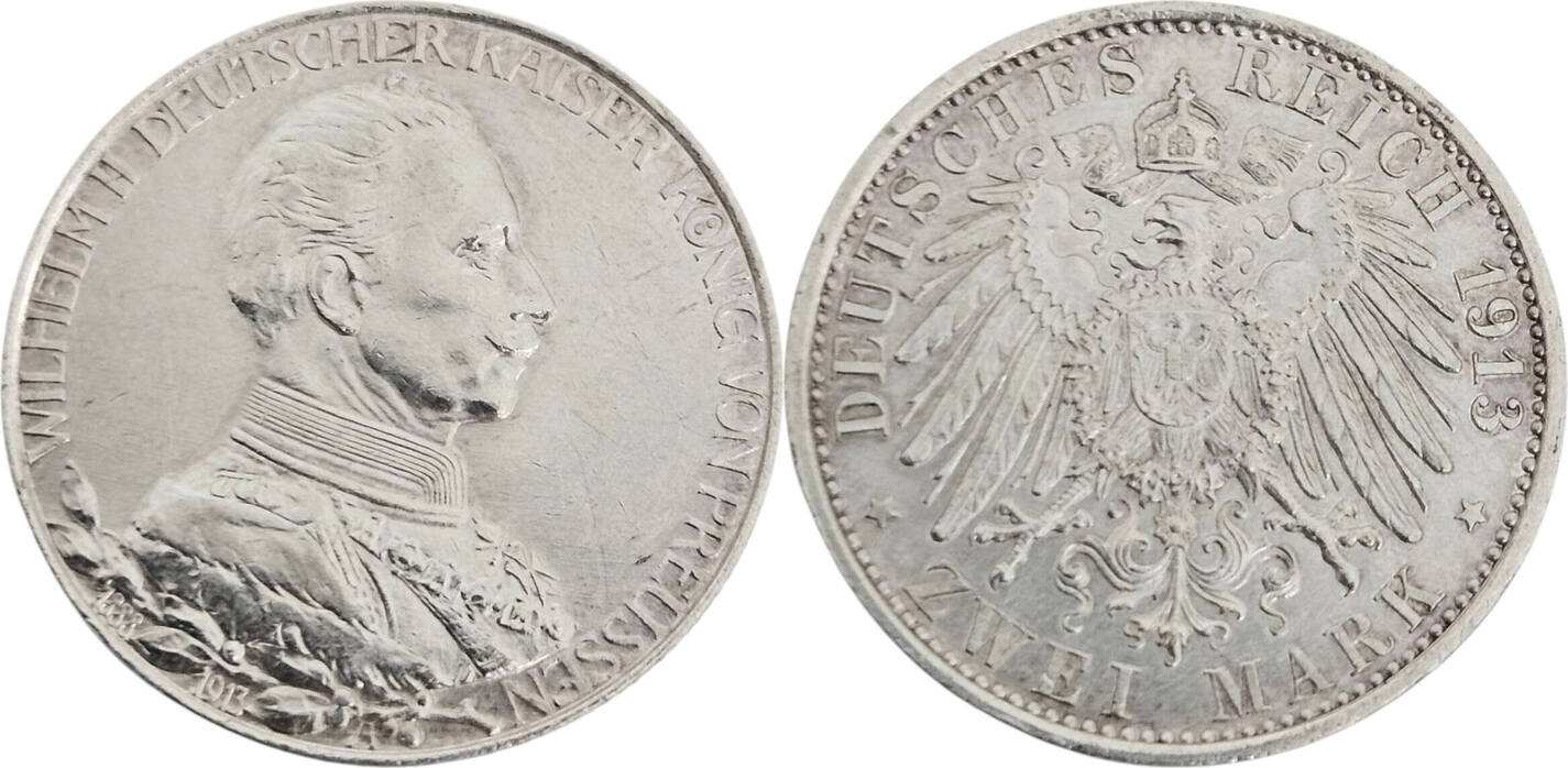 Kaiserreich 2 Mark 1913 Preussen, Wilhelm II (1888-1918) Büste in ...