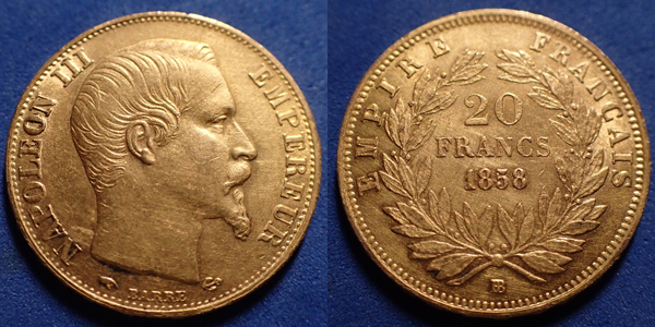 France 20 francs Napoléon III or 1858 BB Strasbourg, 6,47 grms !! Faux d'époque, type Gad.1061 ...