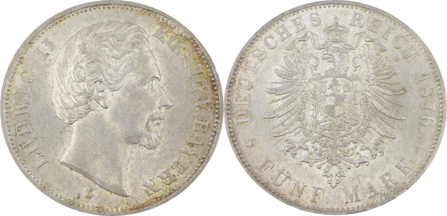 5 Mark 1876 D Ludwig II. König von Bayern - J.42 f.stgl | MA-Shops
