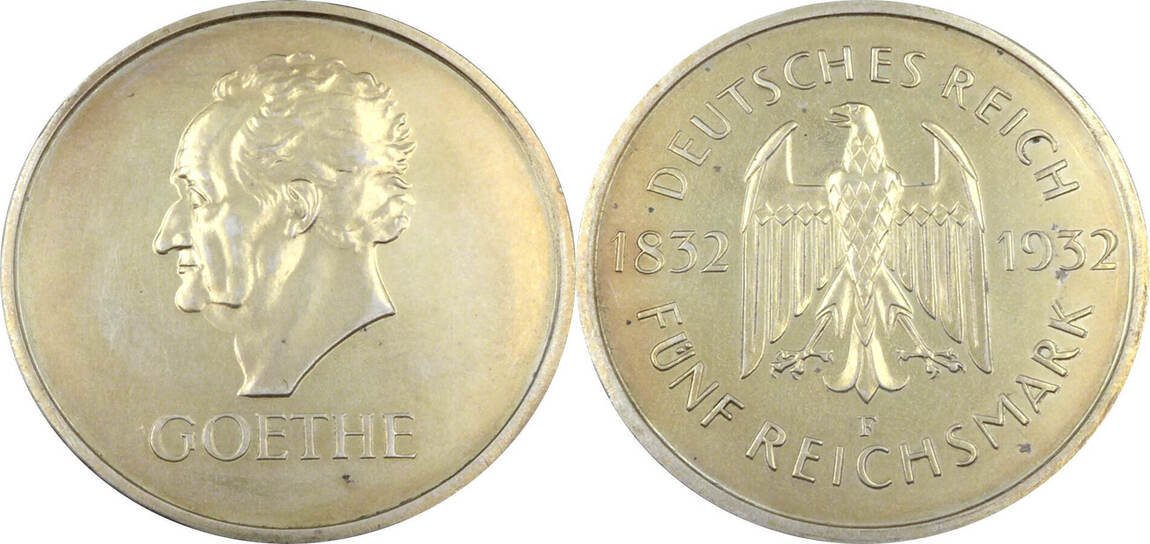 Weimarer Republik 5 Reichsmark 1932 F Zum 100. Todestag Goethes - 5 ...