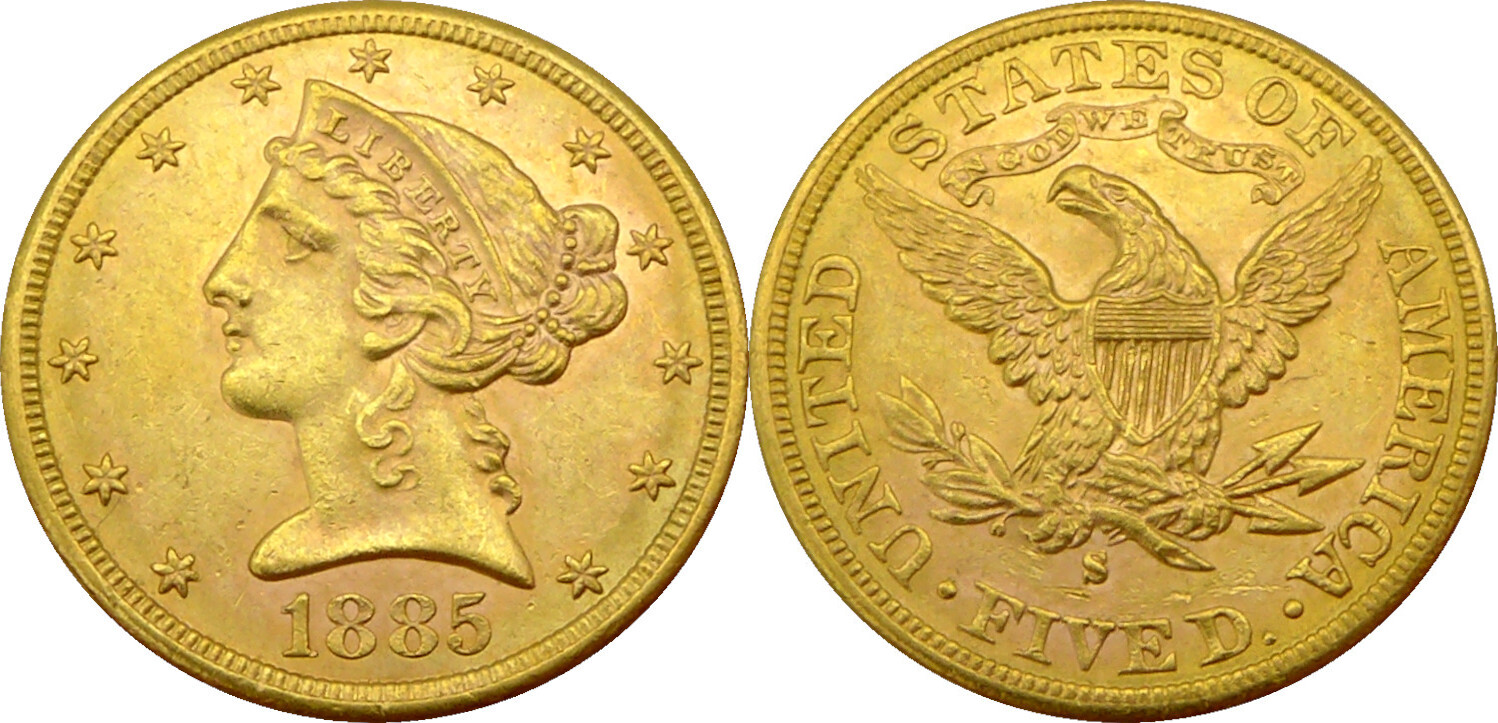 United States of America / USA 5 Dollars 1885 S Coronet Head - Half ...