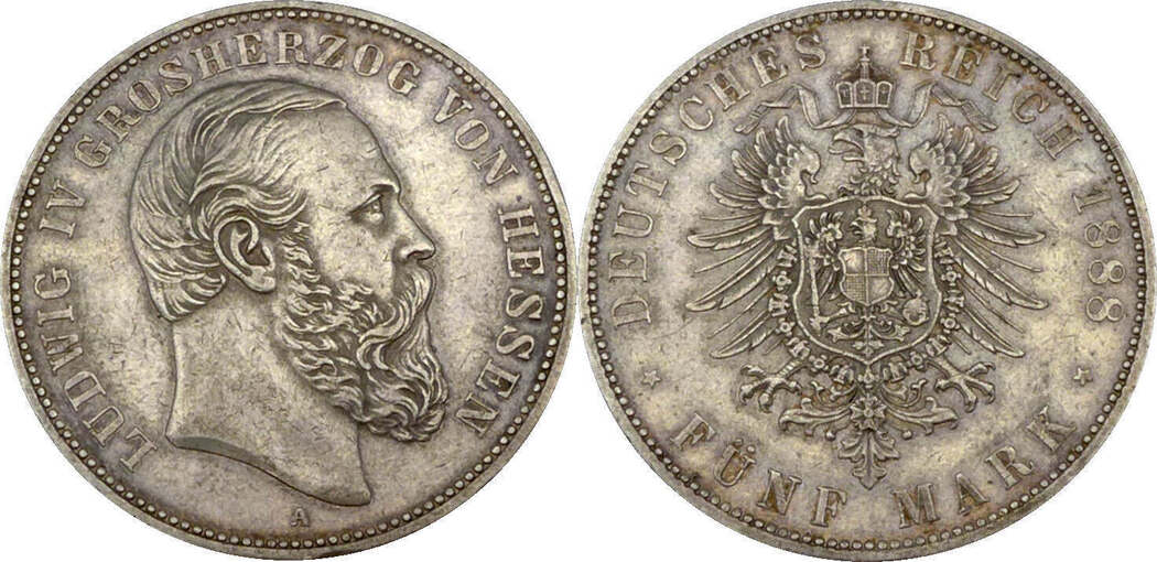 5 Mark 1888 A Ludwig IV. (1877-1892) - Großherzog von Hessen - Fünf Mark - J.69 Vzgl, mit ...