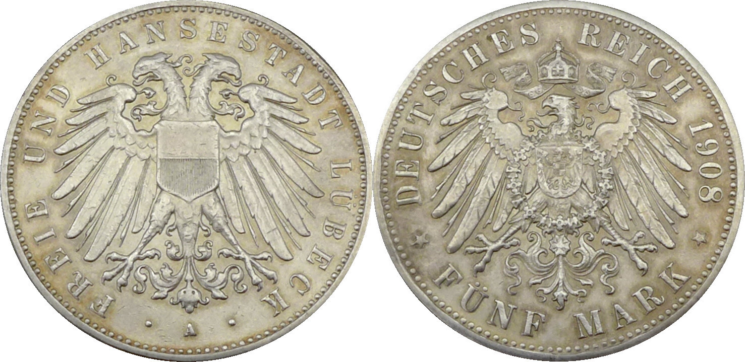 Lübeck, Freie und Hansestadt 5 Mark 1908 A Freie und Hansestadt Lübeck ...