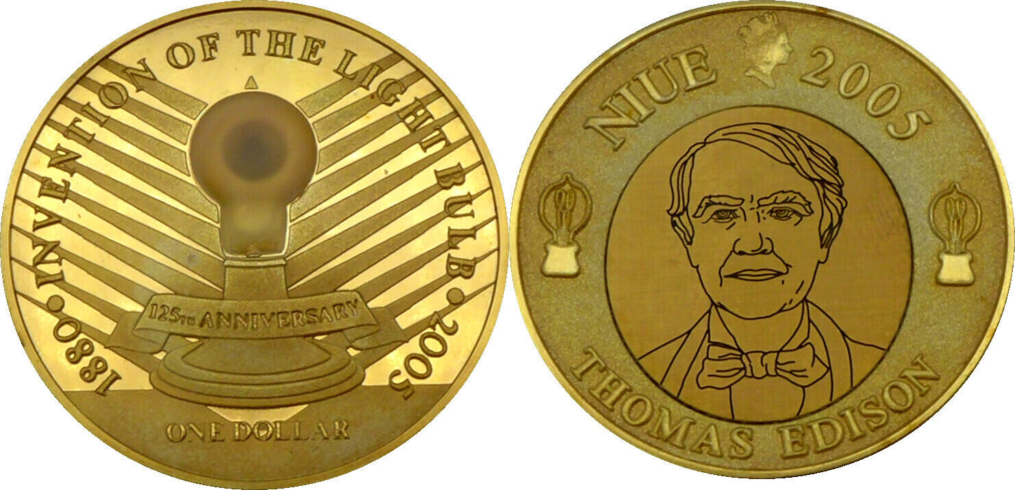 Niue 1 Dollar 2005 Thomas Alva Edison - 1880 Invention of the Light ...