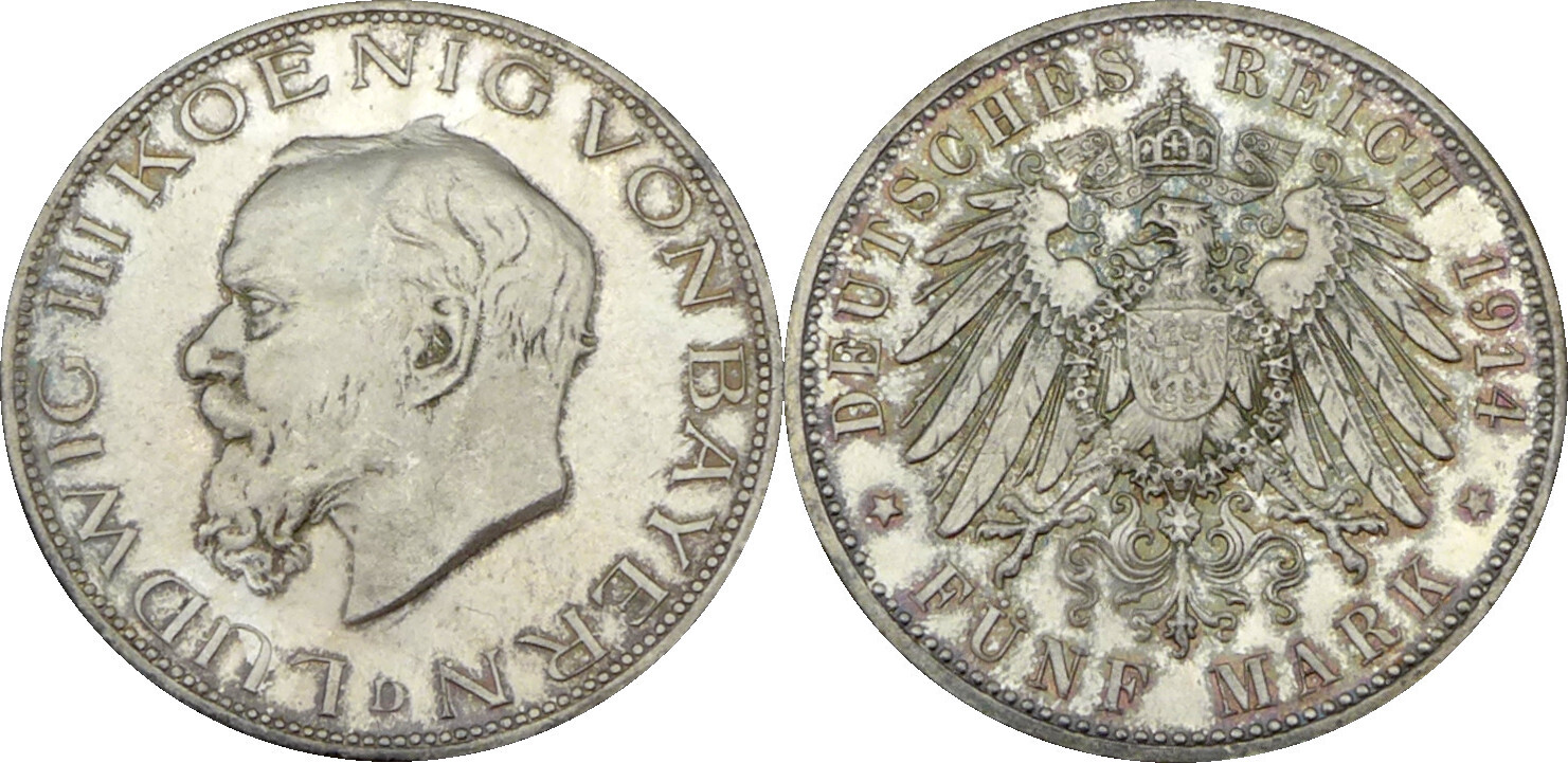 5 Mark 1914 D Ludwig III. (1913-1918) - König von Bayern - Fünf Mark - J.53 fast Stgl,leichte ...