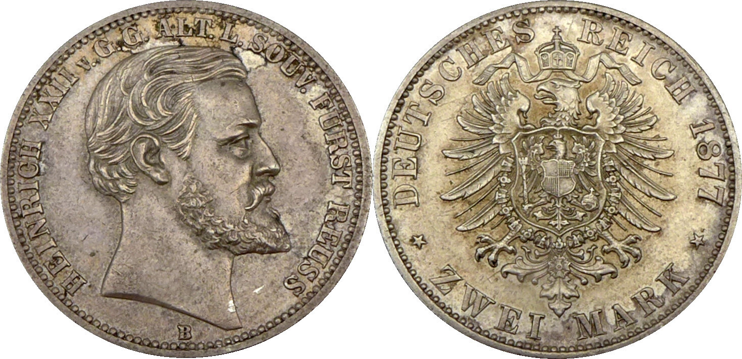 Reuss, älterer Linie (Greiz) 2 Mark 1877 B Heinrich XXII. (1859-1902 ...