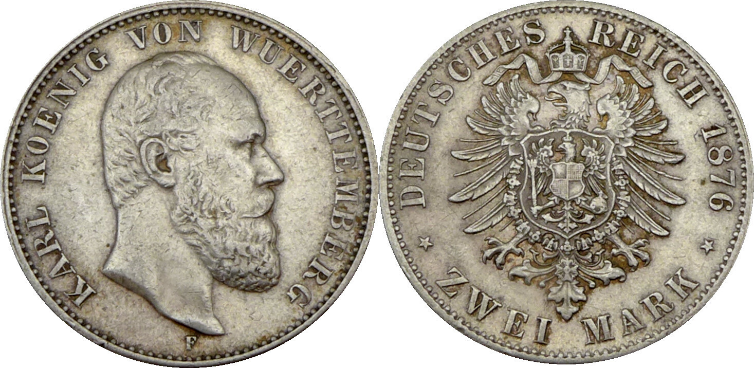 2 Mark 1876 F Karl (1864-1891) - König von Württemberg - Zwei Mark - J ...