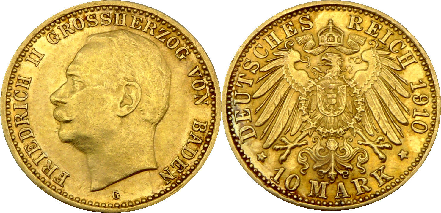 10 Mark 1910 G Friedrich II. (1907-1918) - Grossherzog von Baden - Zehn ...