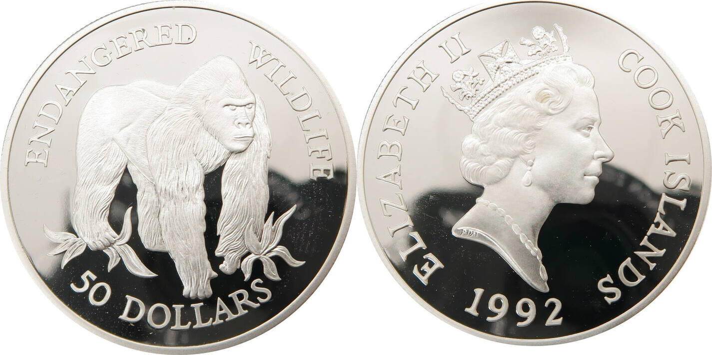 Cook Island 50 Dollars 1992 Endangered Wildlife - Gorilla Polierte ...