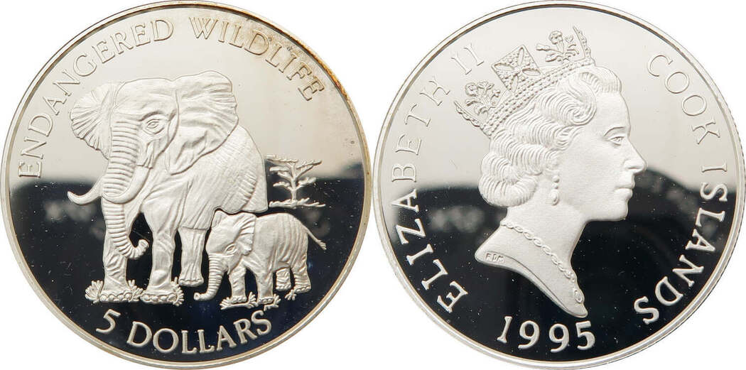 Cook Island 5 Dollar 1995 Endangered Wildlife - Elefant PP | MA-Shops