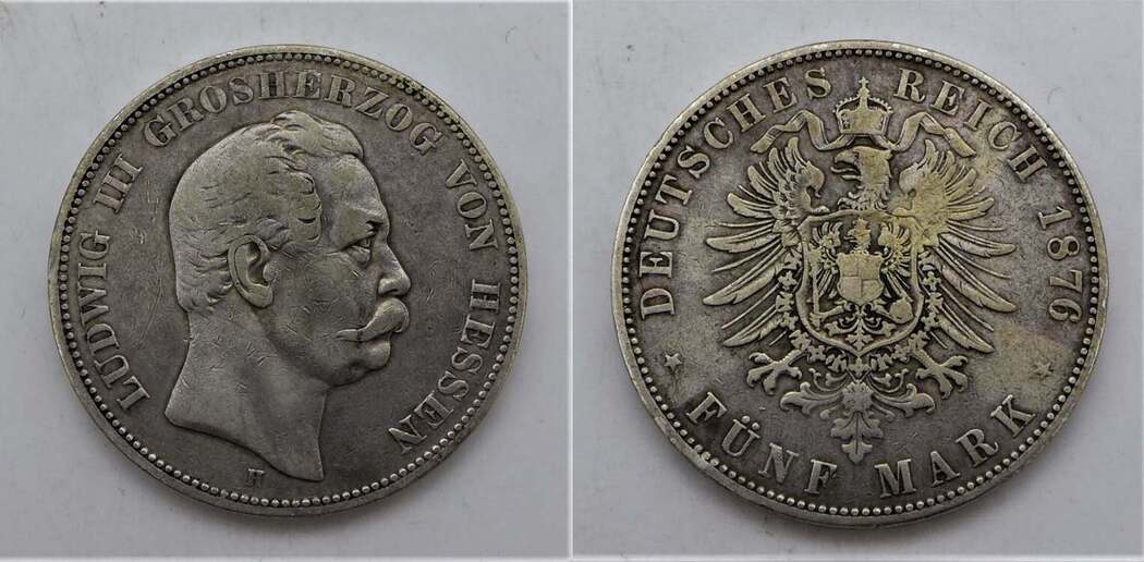 Kaiserreich Hessen 5 Mark 1876 H Fünf Mark / Ludwig III Großherzog von Hessen (1848-1877) f.ss ...