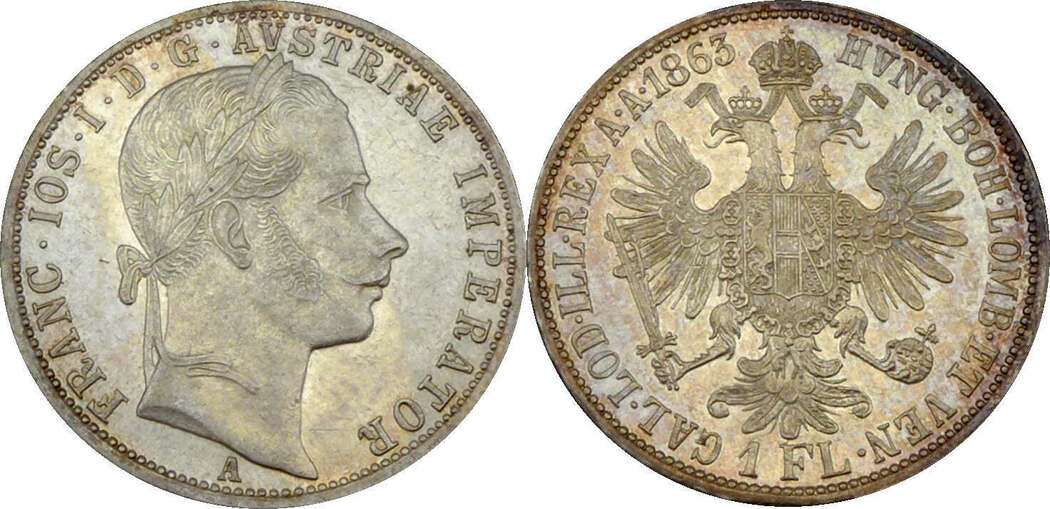 Österreich 1 Florin / Gulden 1863 A Franz Joseph I. (1848-1918) vz/st,Prachtstück von poliertem ...