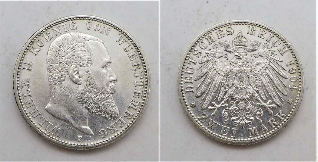 Kaiserreich Württemberg 2 Mark 1904 F Zwei Mark / Wilhelm II König von ...