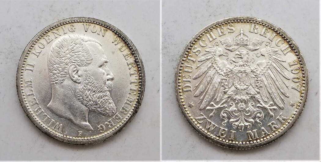 Kaiserreich Württemberg 2 Mark 1907 F Zwei Mark / Wilhelm II König von ...