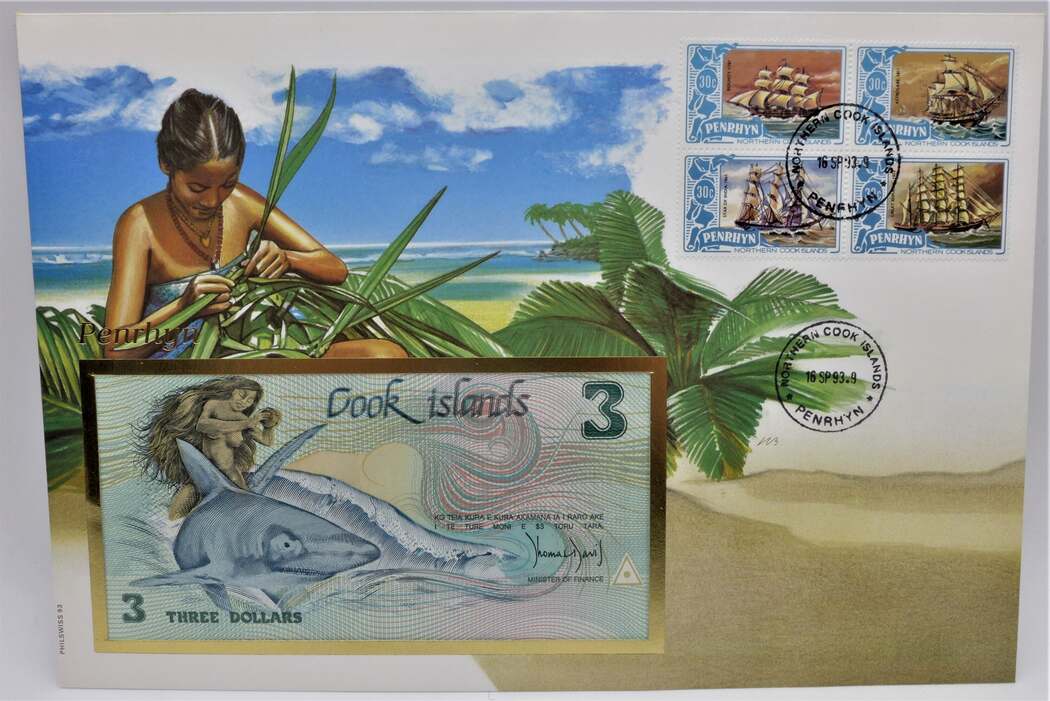 Cook Inseln / Cook Islands 3 Dollar 1992 Penrhyn - Eine dünn besiedelte ...