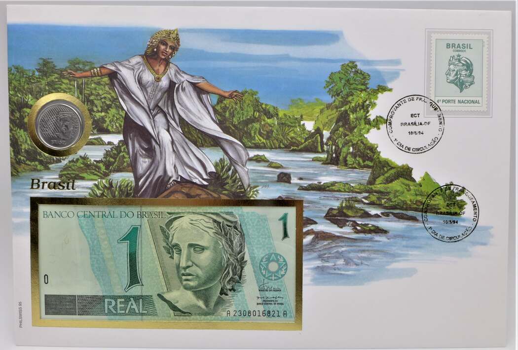 Brasilien 1 Real + 1 Real 1994 Illustration der brasilianischen ...