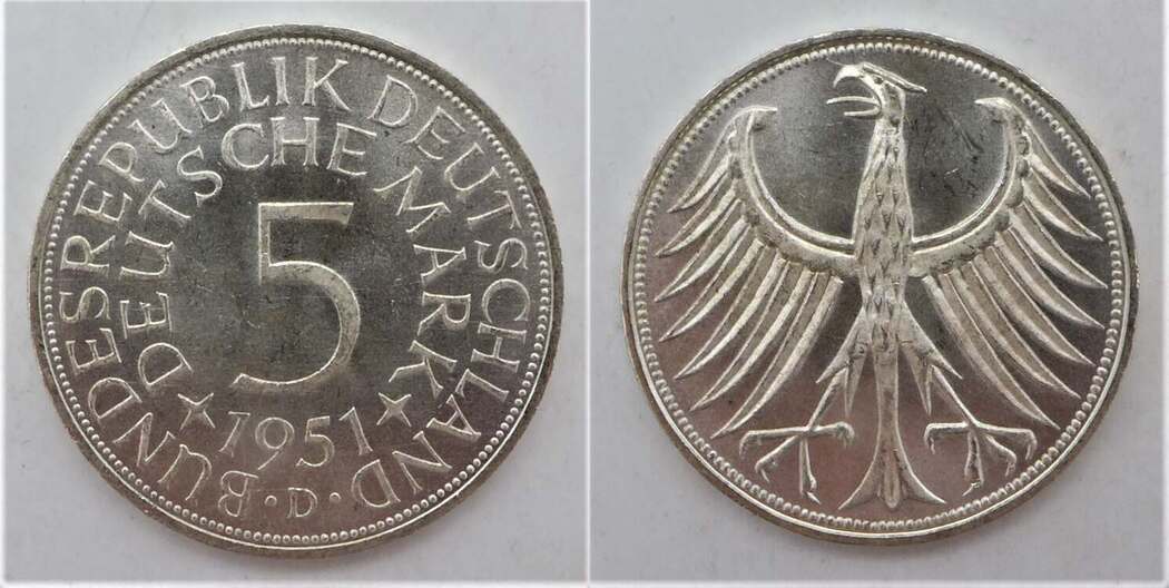 Bundesrepublik Deutschland / BRD 5 Deutsche Mark 1951 D Fünf Mark ...