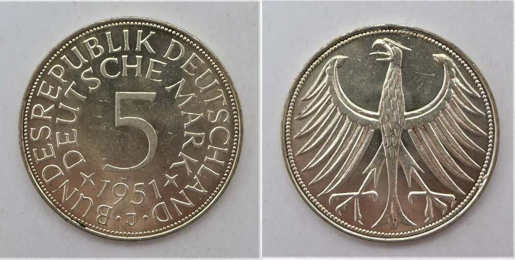 Bundesrepublik Deutschland / BRD 5 Deutsche Mark 1951 J Fünf Mark ...