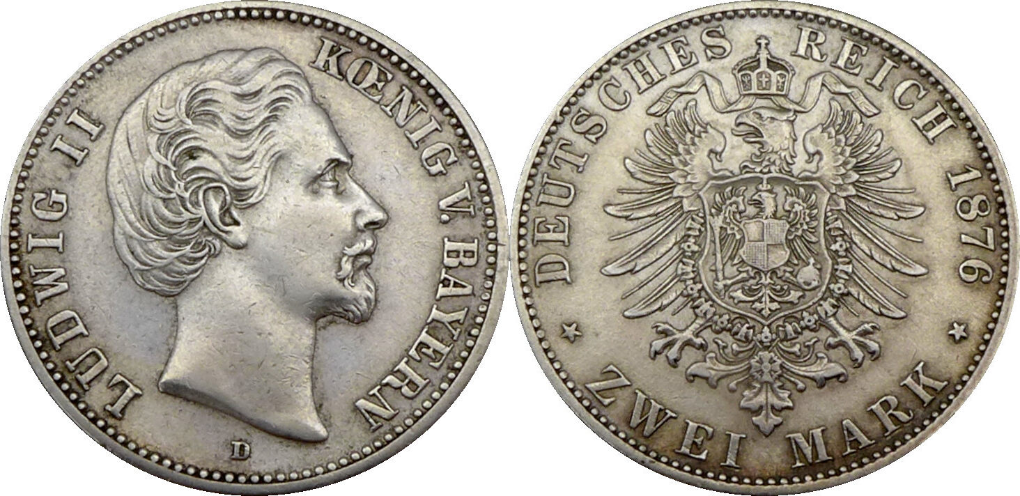 2 Mark 1876 D Ludwig II. (1864-1886) - König von Bayern - Zwei Mark - J ...