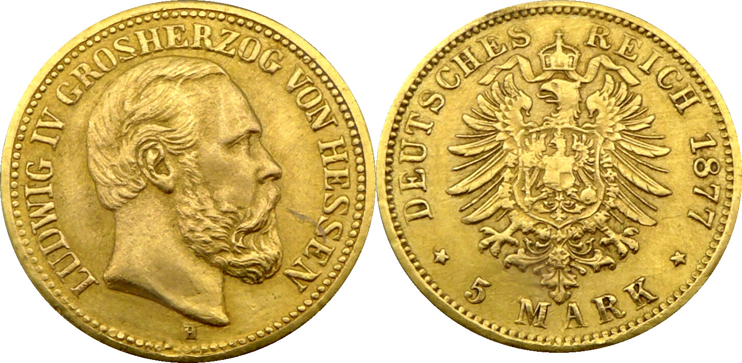 1877 H Ludwig IV. (1877-1892) - Großherzog von Hessen - 5 Mark Gold, J ...