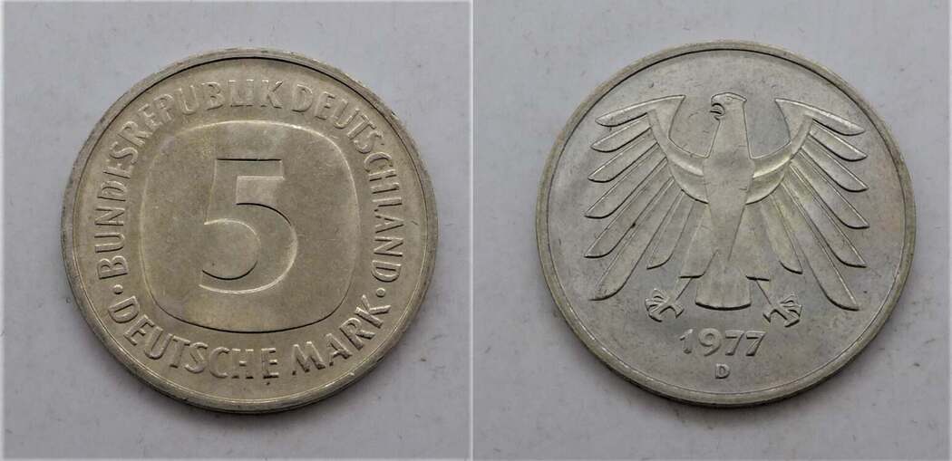 Bundesrepublik Deutschland / BRD 5 Deutsche Mark 1977 D Fünf Mark / Deutscher Adler Bankfrisch ...