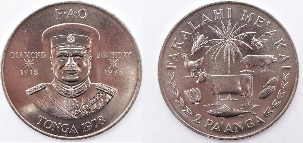 2 Pa´anga 1975 VS: Flora und Fauna Tongas / RS: Taufa´ahou Topou IV ...