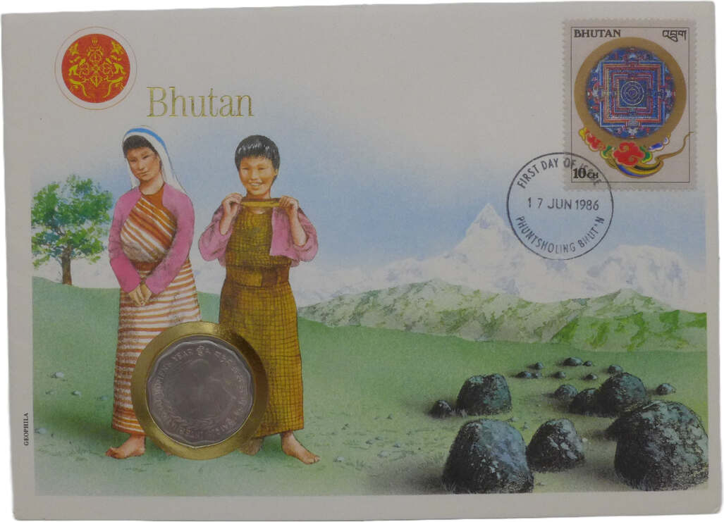Bhutan 10 Chetrums 1975 Abbildung zweier Menschen in den Bergen ...