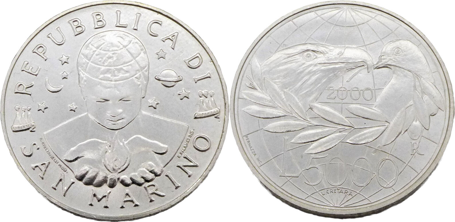 San Marino 5000 Lire 2000 Rabe und Taube Stgl | MA-Shops