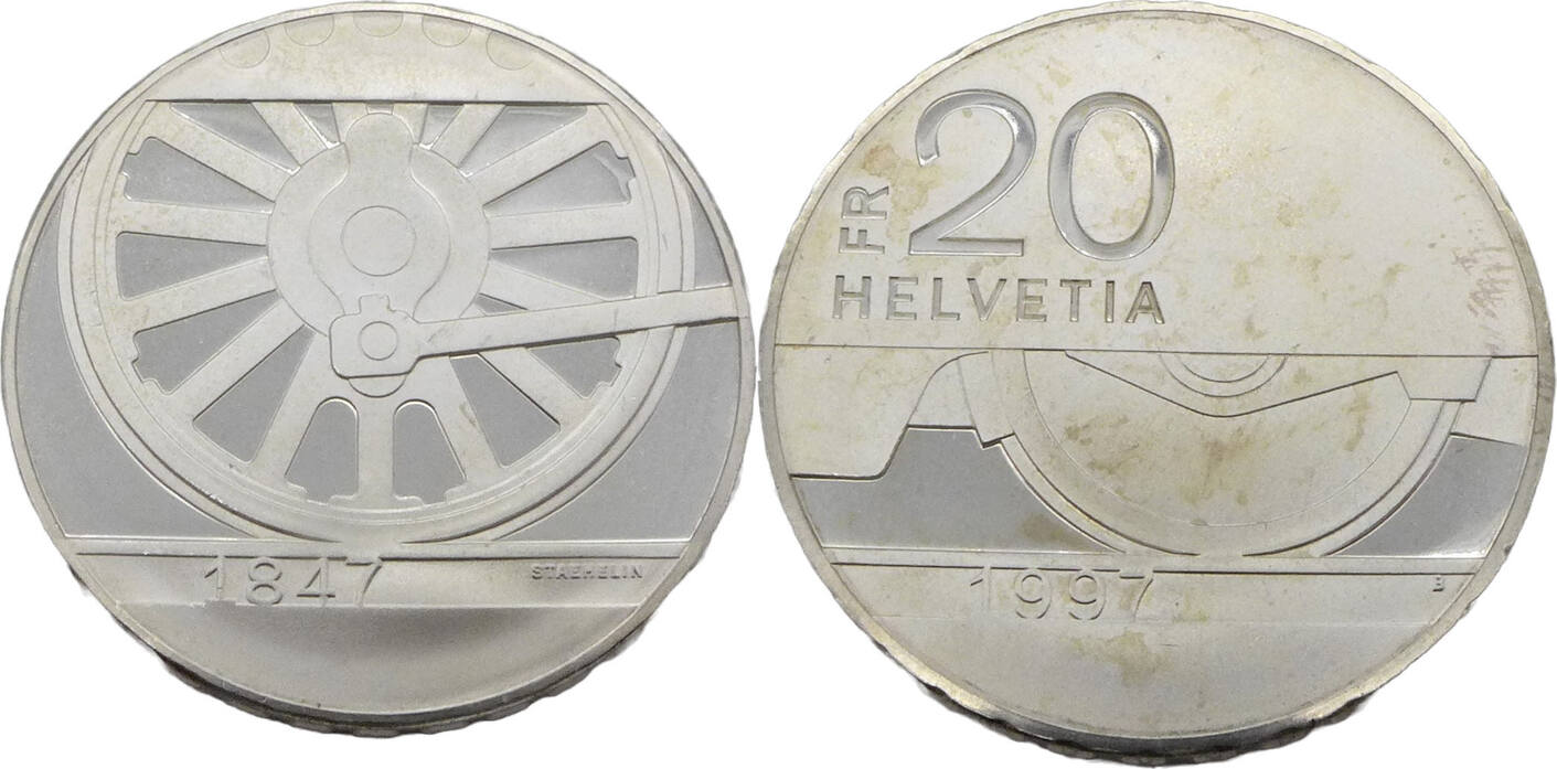 20 Franken 1997 B 150. Jahrestag / Schweizer Bahnen f.stgl,leichte Patina | MA-Shops