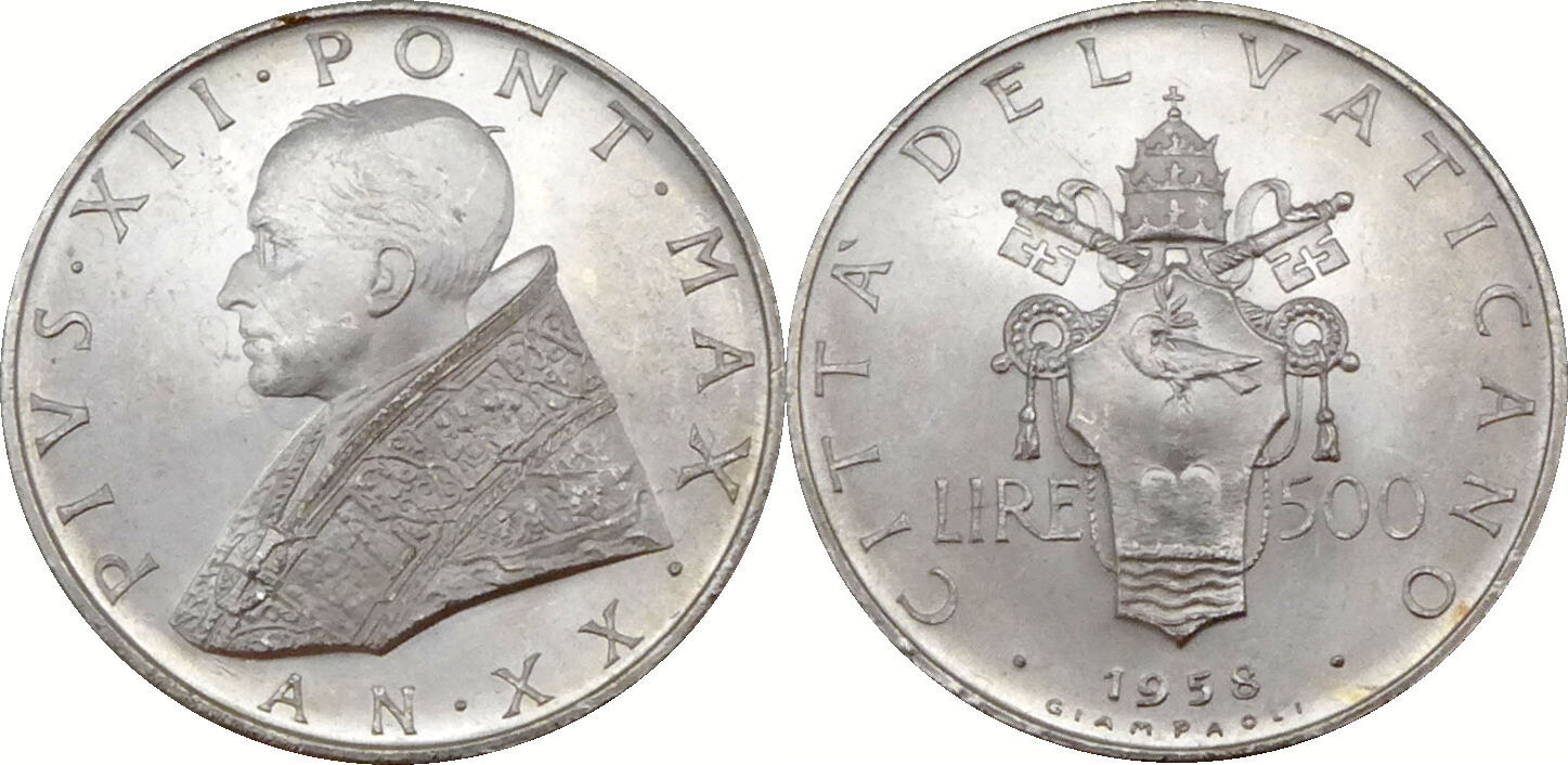 Vatikan 500 Lire 1958 Papst Pius XII. (1939 - 1958) Stgl | MA-Shops