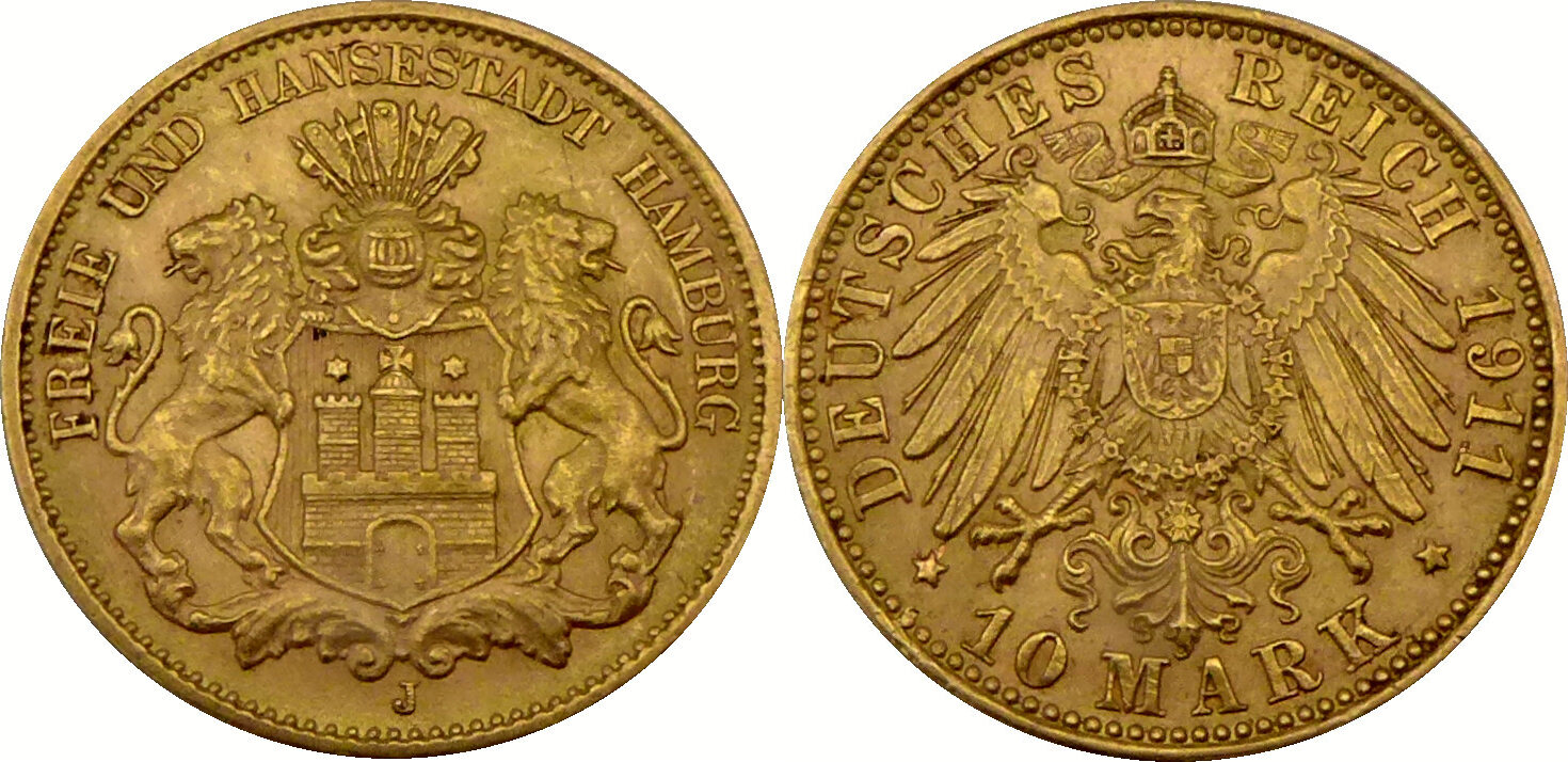 Hamburg, Freie und Hansestadt 10 Mark 1911 J Freie und Hansestadt ...