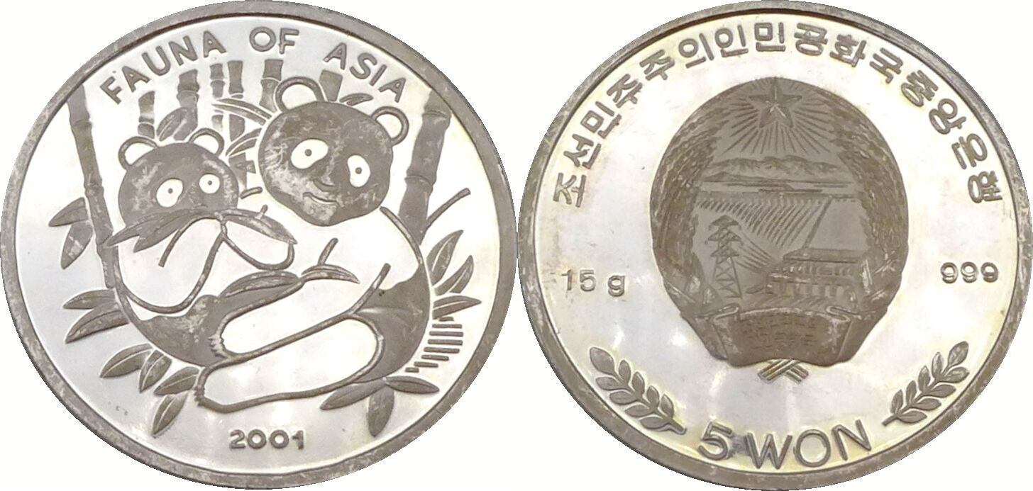 Nordkorea 5 Won 2001 Fauna of Asia - Panda Polierte Platte (PP) | MA-Shops