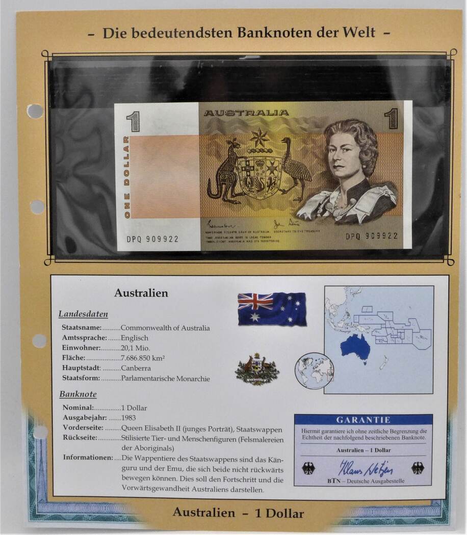Australien 1 Dollar Die bedeutendsten Banknoten der Welt Bankfrisch ...